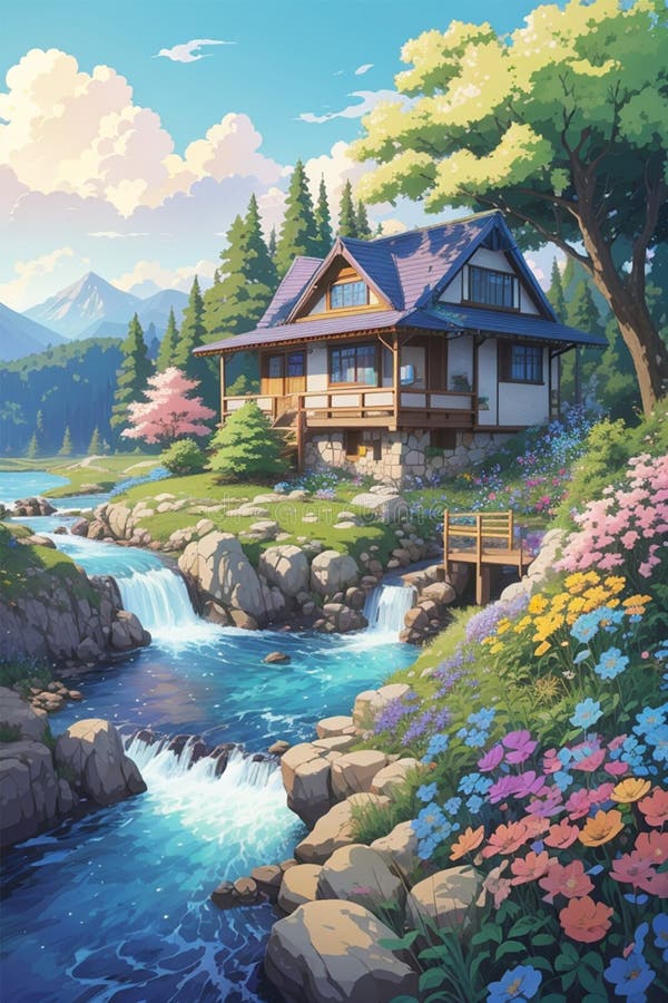 Illustration of a Landscape with a House on the Edge of the Forest ...