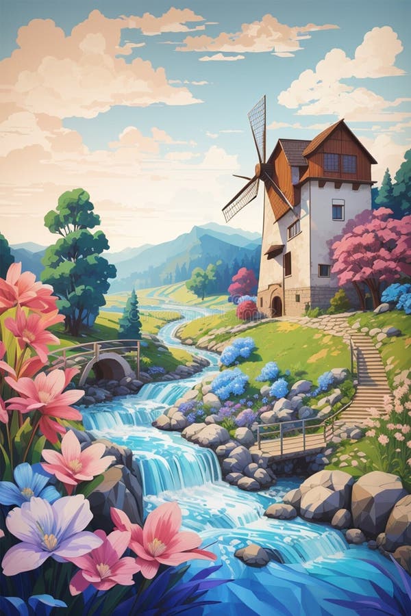 Illustration of a Landscape with a Mill and a Blue River Stock ...