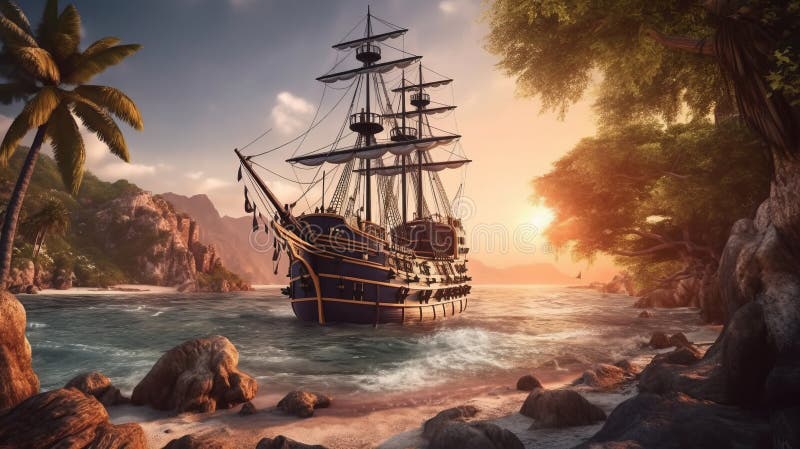 Illustration Landscape with Pirate Ship. Generative AI Stock ...