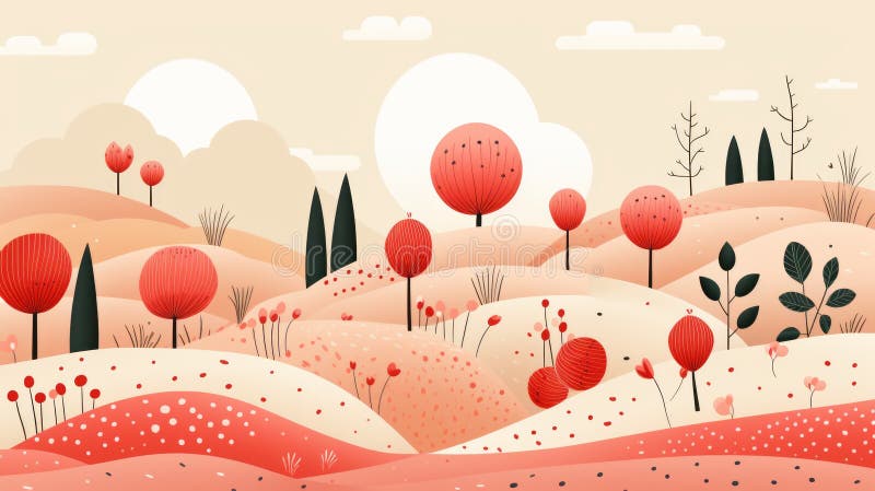 An Illustration of a Landscape with Red Trees Stock Illustration ...