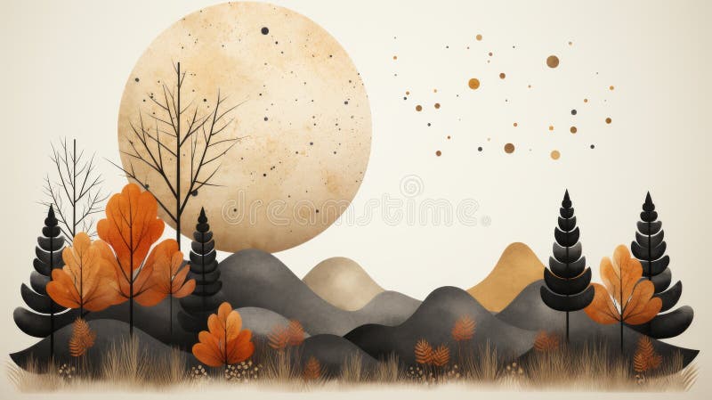 An Illustration of a Landscape with Trees Rocks and a Moon Stock ...