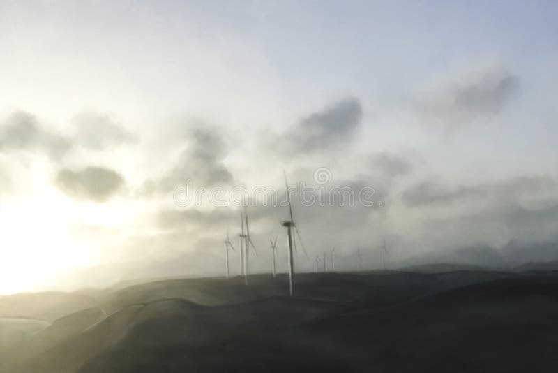 Illustration of a Landscape with Wind Turbines, Ecological Transition ...