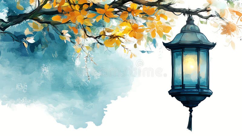 Lantern Hanging from a Tree with Orange Flowers and Blue Abstract ...