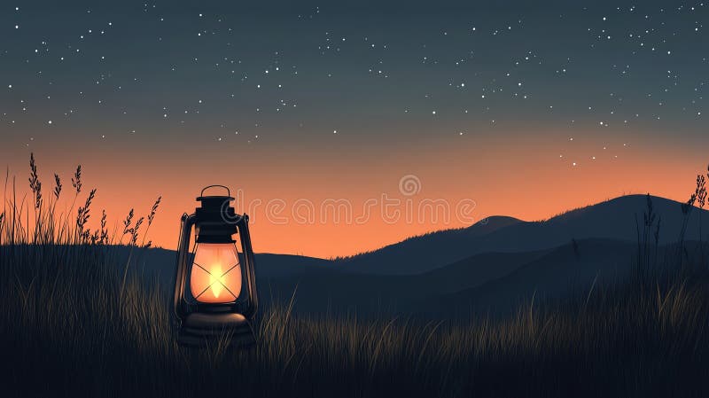 Illustration of Lantern, Night, Stars, Sunset, Mountains, Grass Stock ...