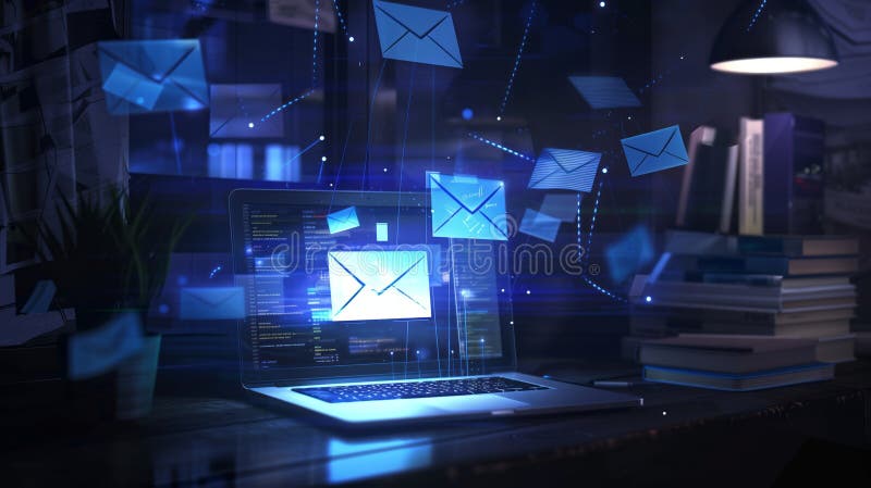 Illustration of Laptop and Blue Mail Hologram Stock Photo - Image of ...