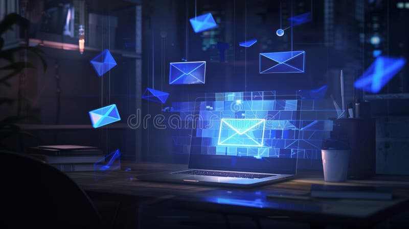 Illustration of Laptop and Blue Mail Hologram Stock Photo - Image of ...