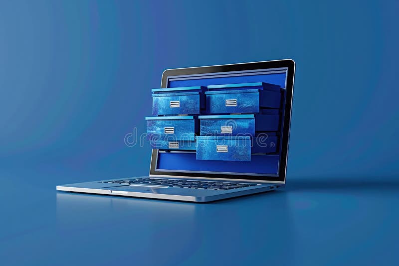 Illustration of a Laptop with Digital File Drawer on Screen Data Stores ...