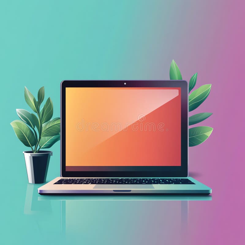 Illustration - Laptop, Plants, Desk, Gradient Background, and Workplace ...