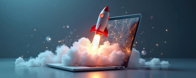 Illustration of Laptop with Rocket Launch. Concept for Startup ...