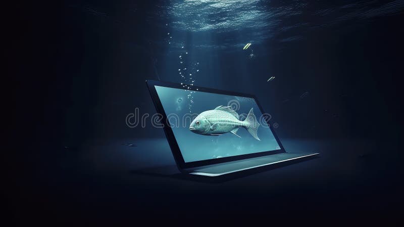 Illustration from Laptop Screen Under Water and Fish with Copy Space ...