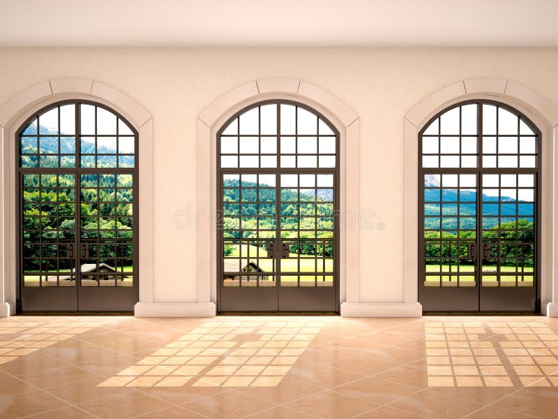 Illustration of Large Arched Windows with a View of Nature Stock ...