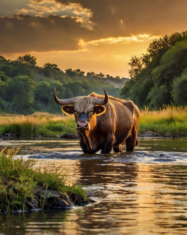 An Illustration of a Large Buffalo in a River Flowing with Clear Water ...