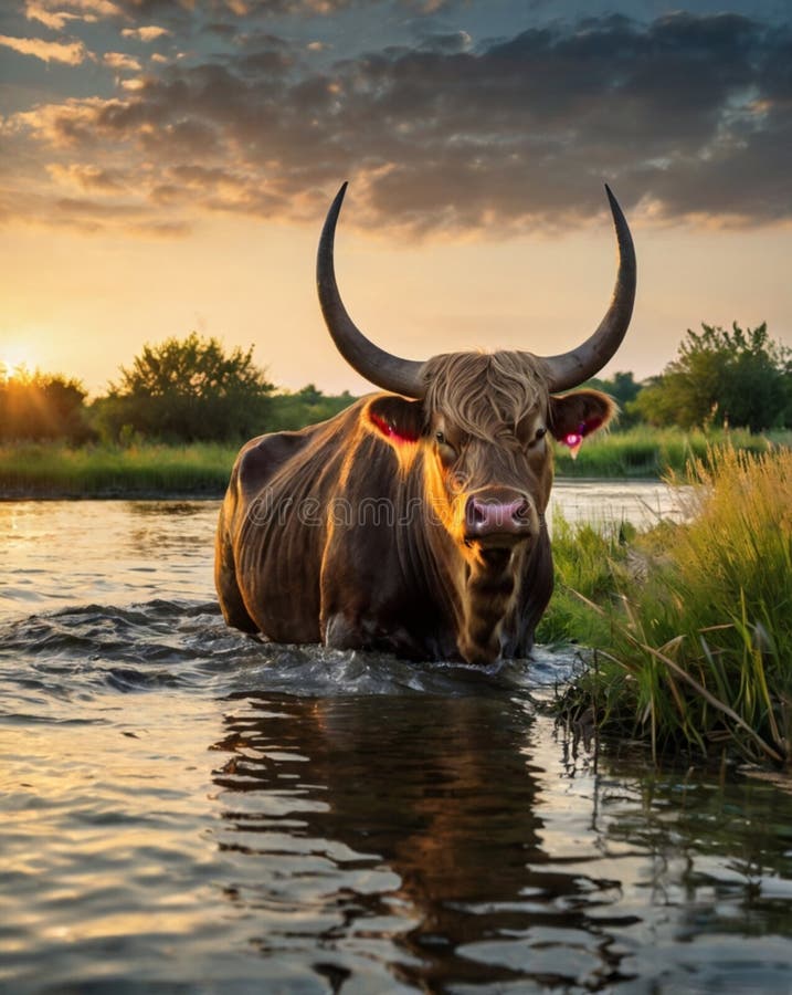 An Illustration of a Large Buffalo in a River Flowing with Clear Water ...