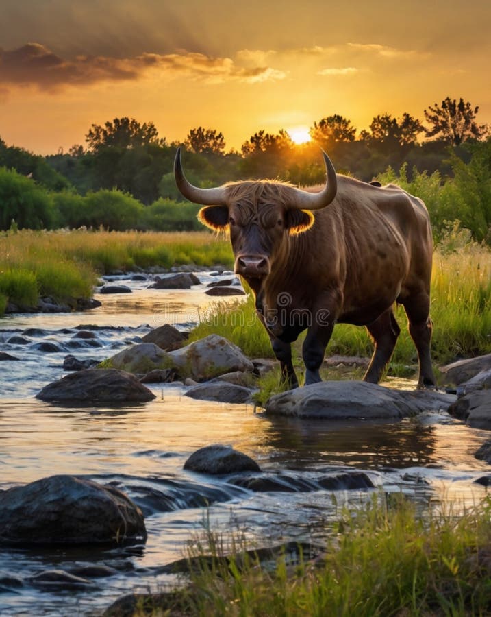 An Illustration of a Large Buffalo in a River Flowing with Clear Water ...