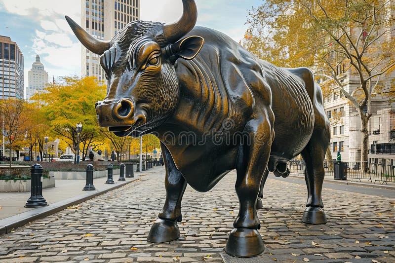 Illustration of Large Bull Statue on a Cobblestone Road, High Quality ...