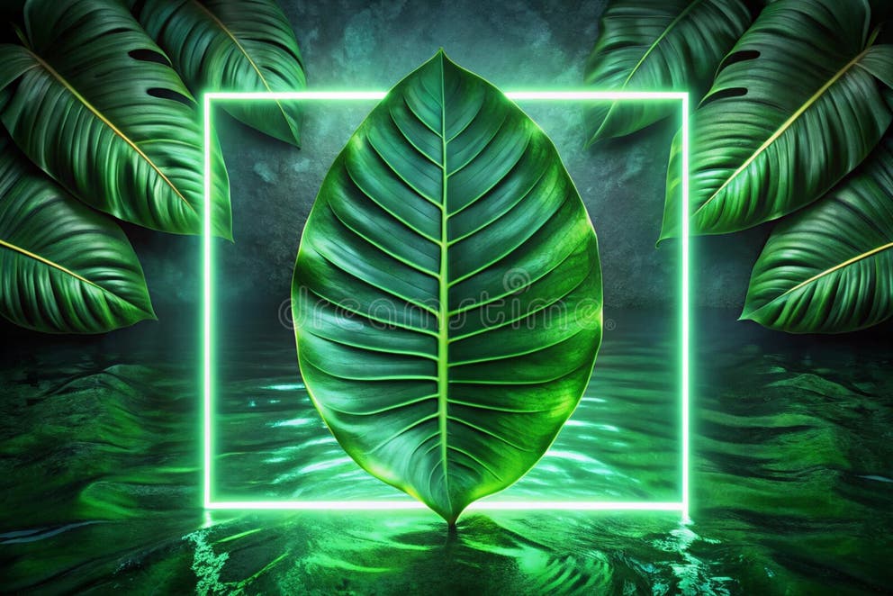 Illustration of a Large Dark Green Leaf with Soft Neon Light, a ...