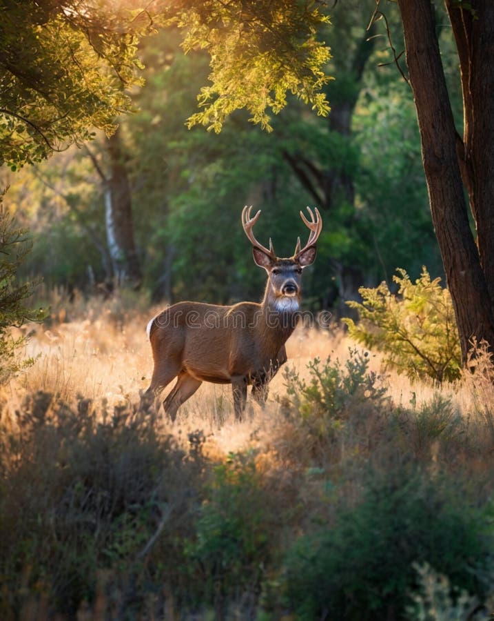 An Illustration of a Large Deer in the Forest, Trees, Grass and ...