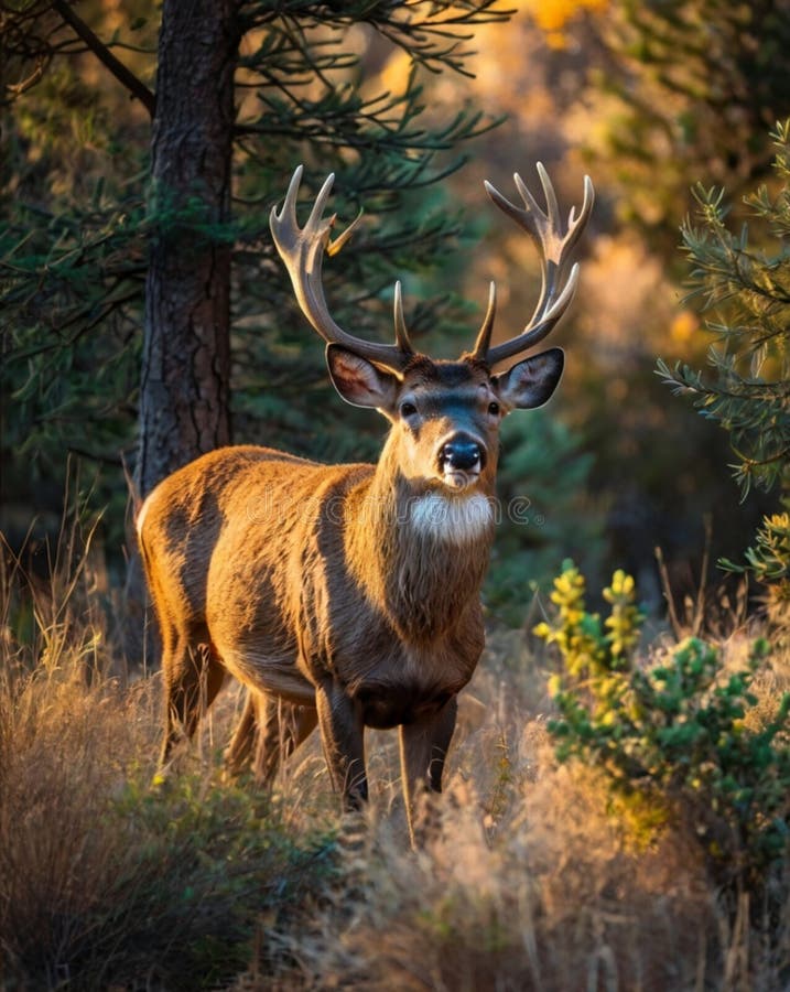 An Illustration of a Large Deer in the Forest, Trees, Grass and ...