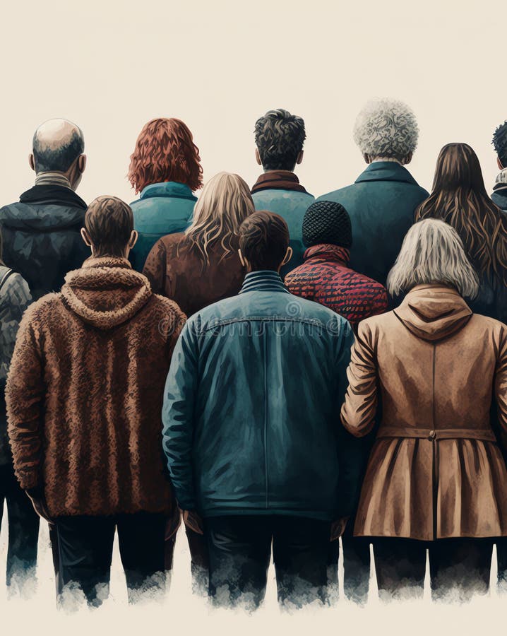 An Illustration of a Large Group of People Walking Forward. Back View ...