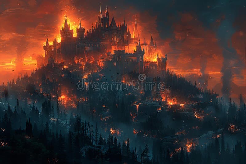 Illustration of Large Medieval Castle on Top of a Hill at Night ...