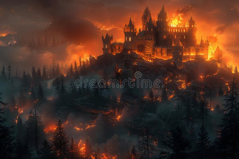 A Large Medieval Castle on Top of a Hill at Night, Burning with Orange ...