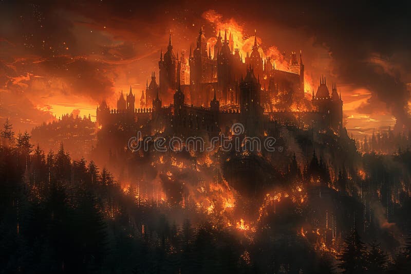 A Large Medieval Castle on Top of a Hill at Night, Burning with Orange ...