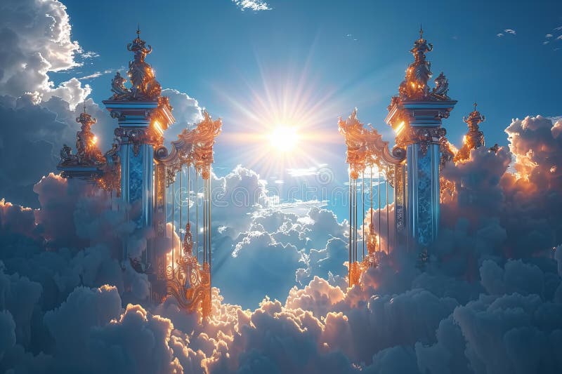 Large Open Gates of Heaven in the Clouds, Blue Sky Background, Bright ...