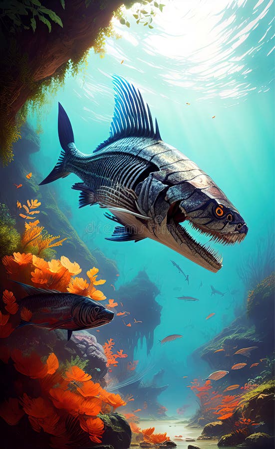 Illustration of a Large Predatory Prehistoric Fish in the Depths of the ...