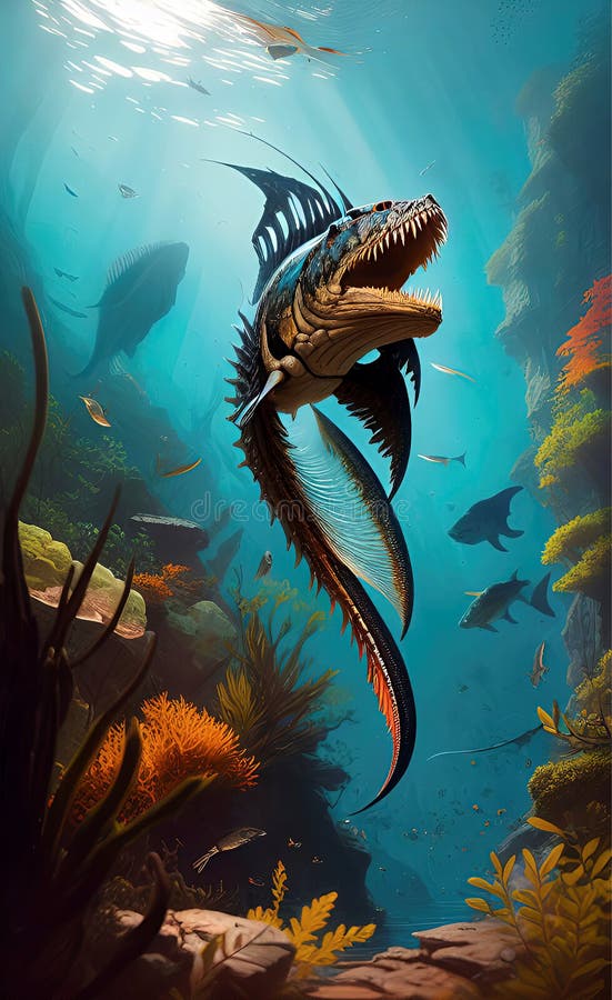 Illustration of a Large Predatory Prehistoric Fish in the Depths of the ...