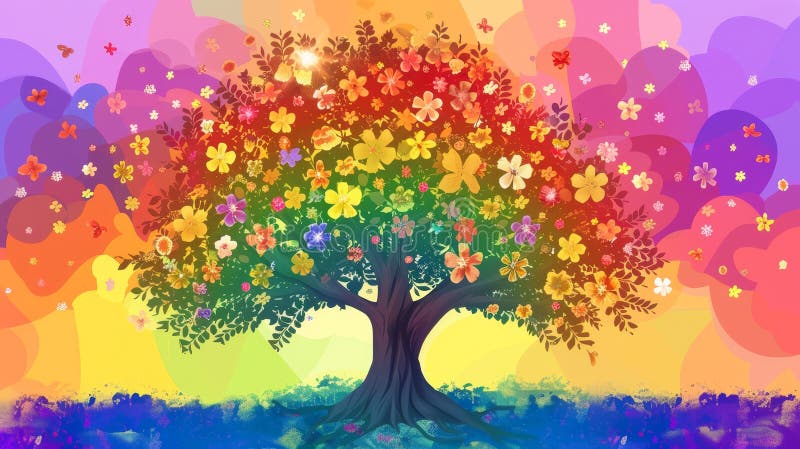 Illustration of a Large Rainbow Tree Decorated with Colorful Flowers ...
