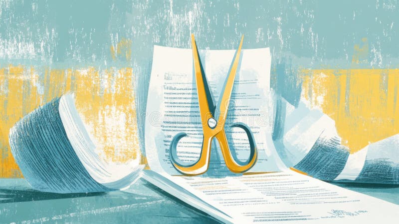 Illustration of Large Scissors Cutting Legal Documents in an Office ...