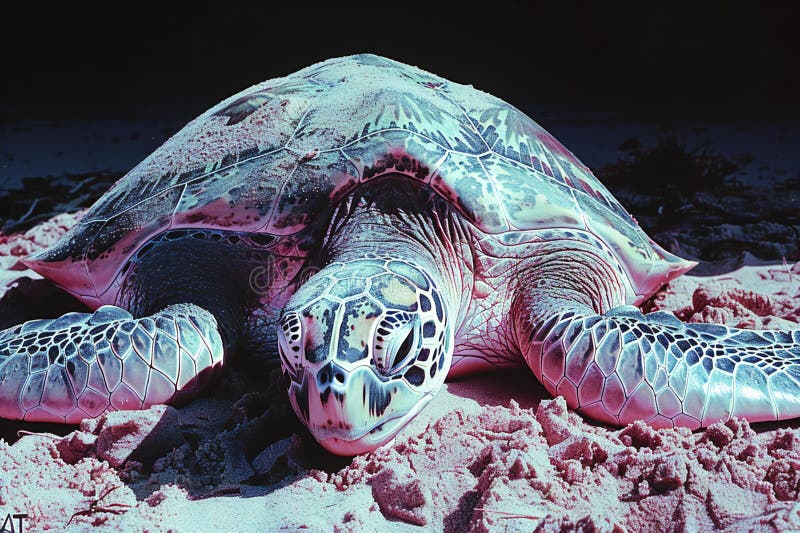 Illustration of Large Sea Turtle Resting on a Beach, High Quality, High ...