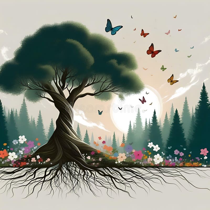 Illustration of a Large Tree with Its Roots Exposed Stock Illustration ...