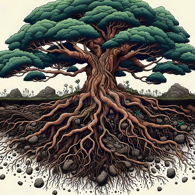 Illustration of a Large Tree with Its Roots Exposed Stock Illustration ...