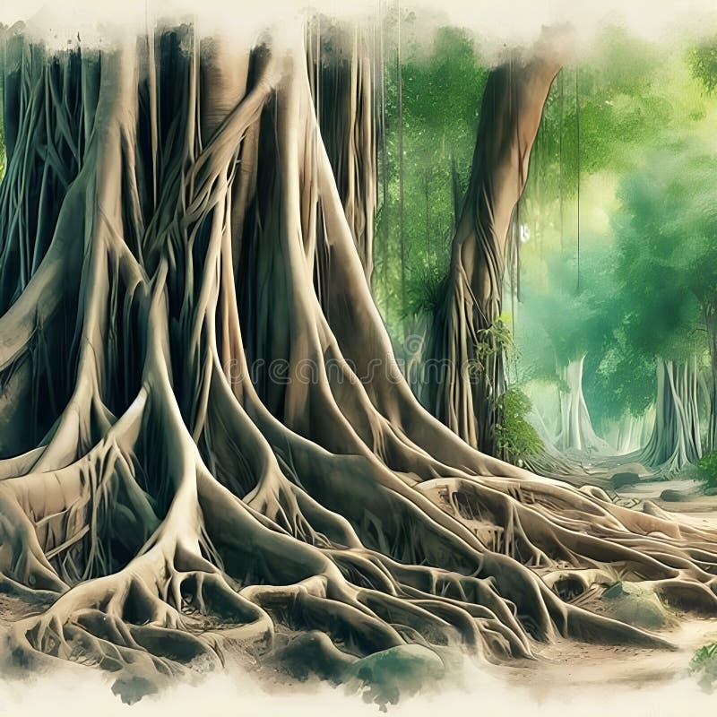 Illustration of a Large Tree with Its Roots Exposed Stock Illustration ...