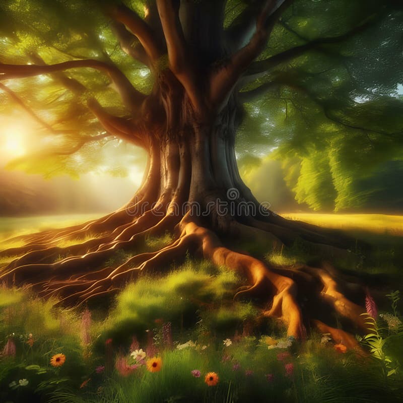 Illustration of a Large Tree with Its Roots Exposed Stock Illustration ...