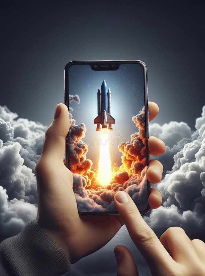 Illustration of Launching a Rocket into Space from a Mobile Phone. the ...