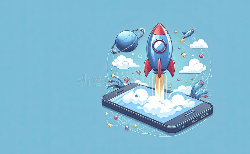 Illustration of Launching a Rocket into Space from a Mobile Phone. the ...