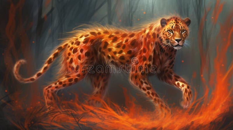 Illustration of a Leopard Running in the Forest with Fire Effect Stock ...