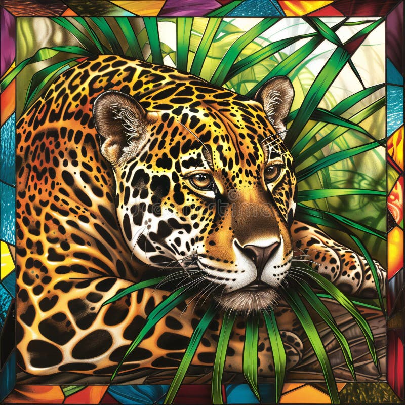 Illustration of Leopard in a Stained Glass Window with Tropical Leaves ...