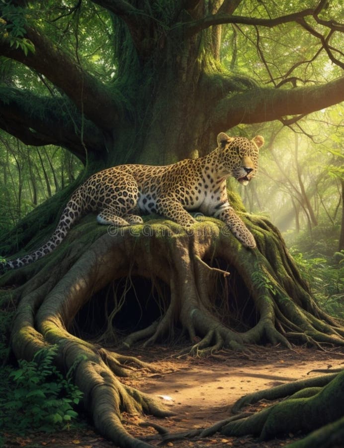 An Illustration of a Leopard Under a Large Tree with Green Leaves in ...