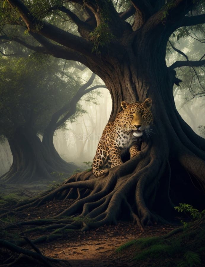 An Illustration of a Leopard Under a Large Tree with Green Leaves in ...