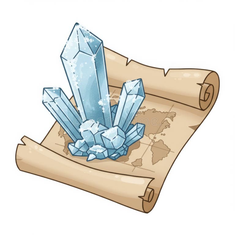 Illustration of Light Blue Crystals on Old Map Scroll Treasure Concept ...