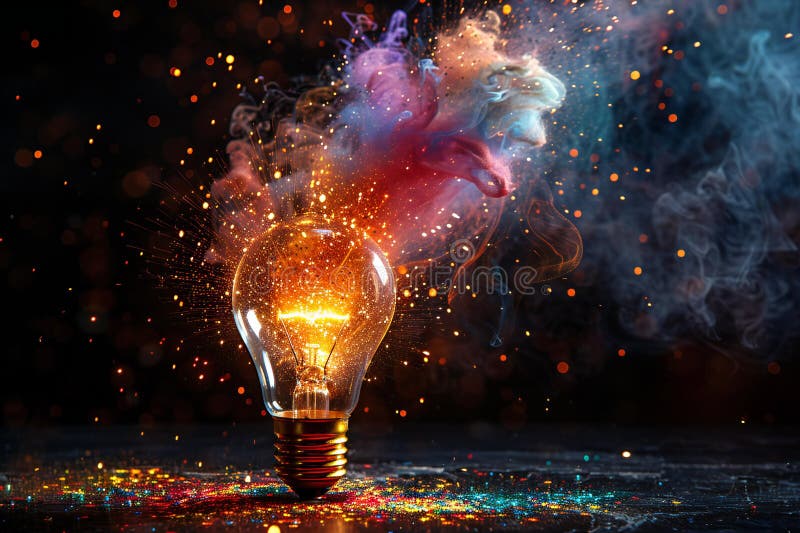 A Light Bulb Exploding with Colorful Sparks and Particles on Black ...