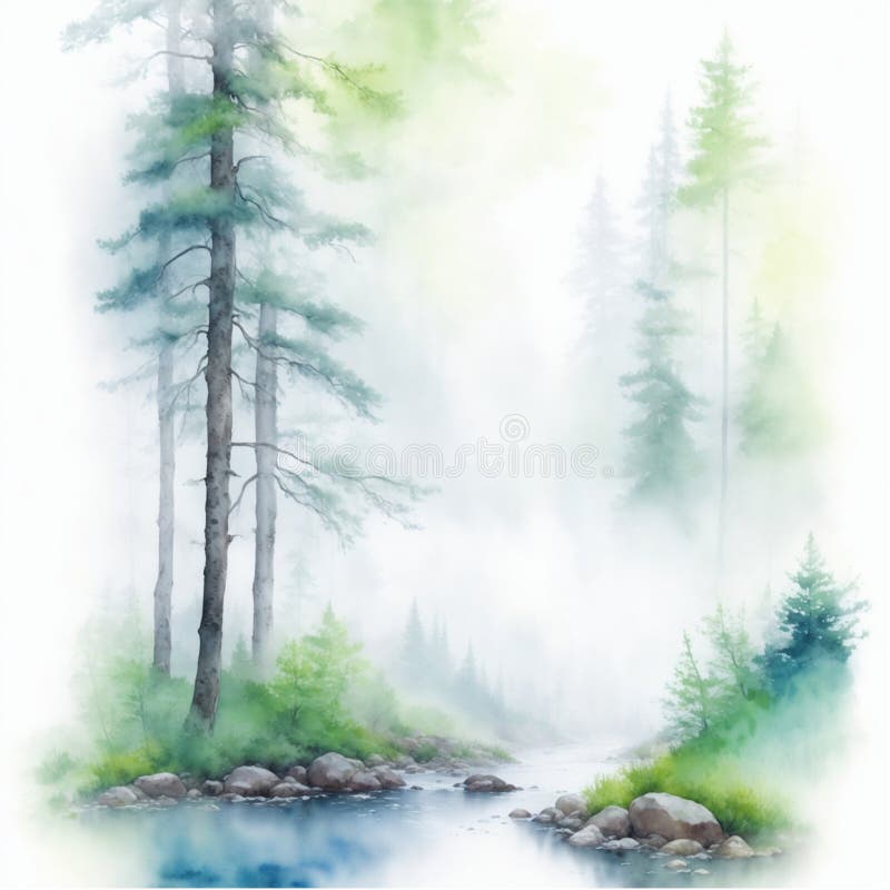 Light Landscape with Pine Trees in Fog and River Forestand Stone Stock ...