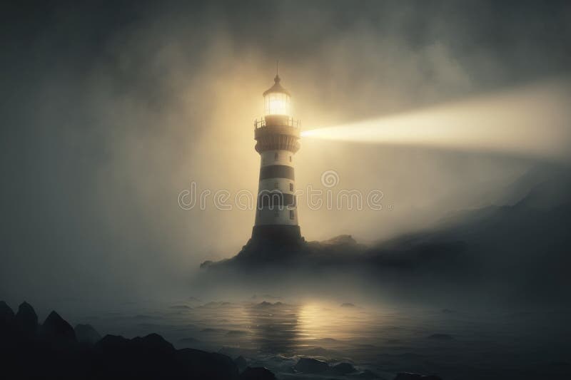 A Lighthouse Beaming Light through the Mist Stock Illustration ...