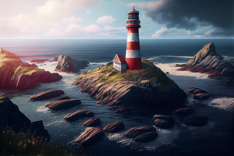 Illustration of a Lighthouse on a Beautiful Rocky Outcropping Stock ...