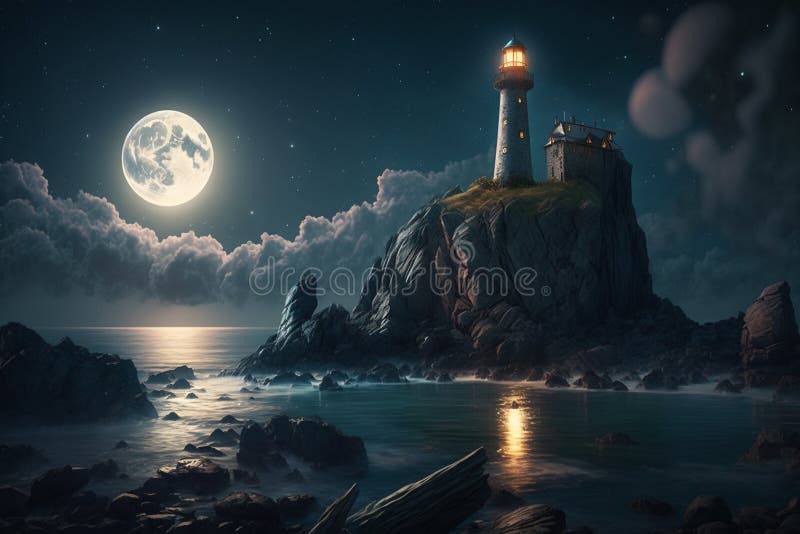 Illustration of a Lighthouse on the Coast at Night with Moon and ...