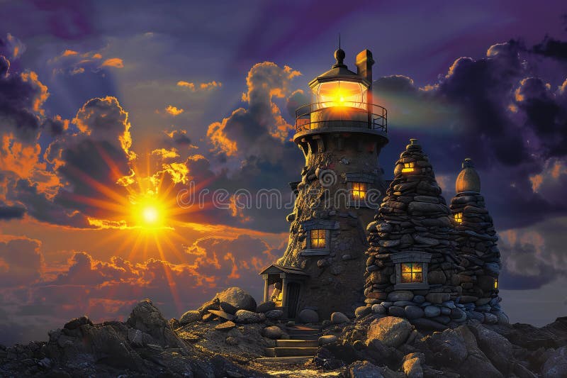 Lighthouse on the Rocks at Sunset, Render Illustration Stock ...