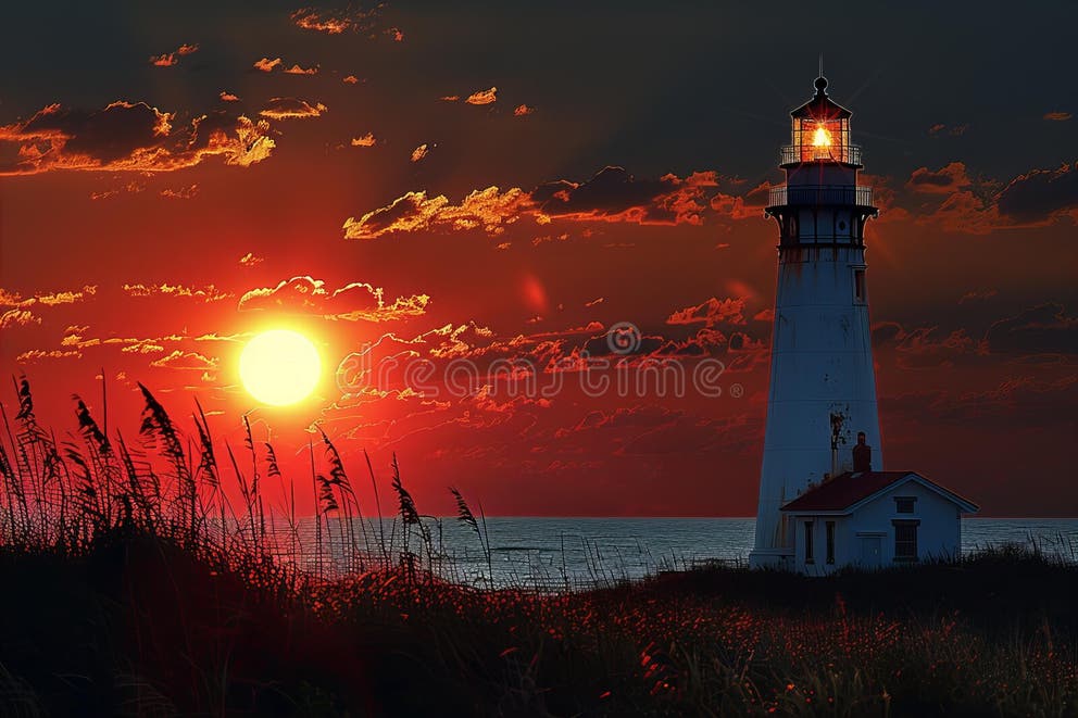 Illustration of Lighthouse with a Sun Rising Behind it, High Quality ...